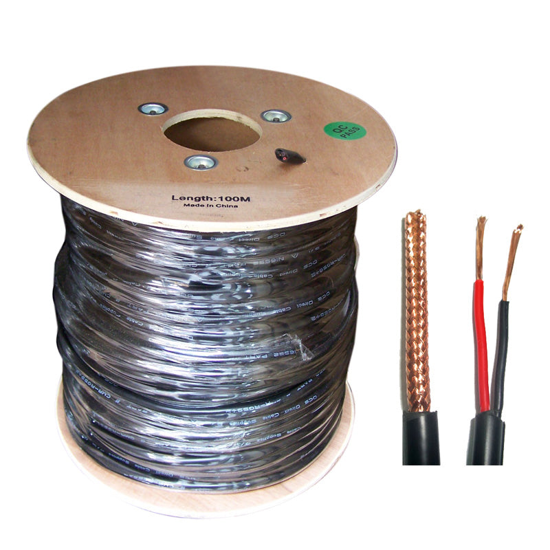 Combined Coax/Power Cable - 100m Roll (Black, 95% Braiding) — BlueE ...